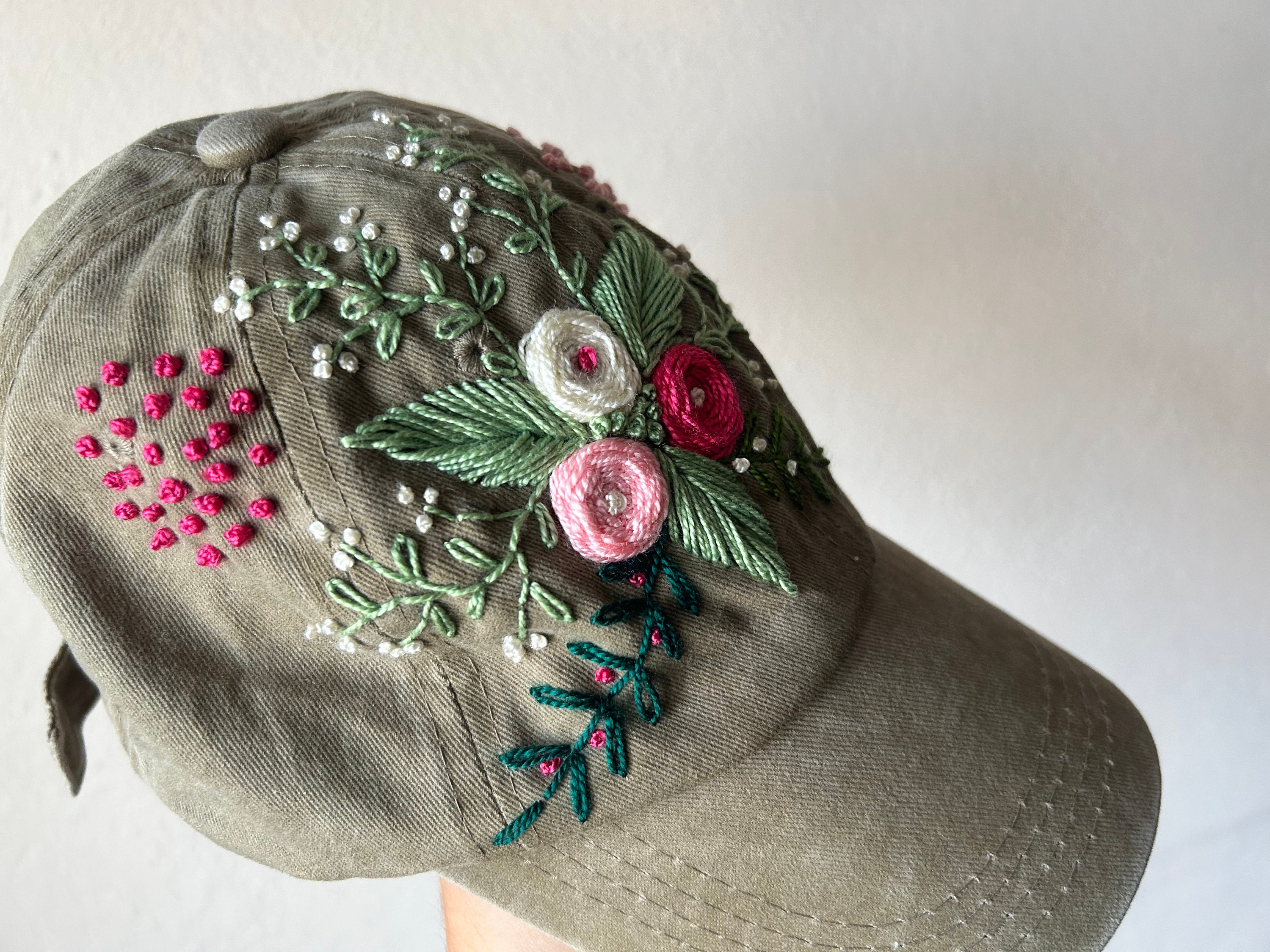 Light Green Baseball Cap Summer Hat Floral Embroidered Denim - Etsy