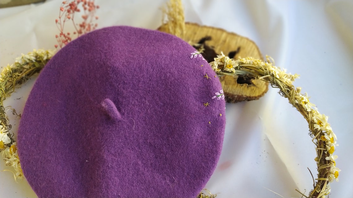 Purple Wool French Beret Hand Embroidered 100% Wool Beret - Etsy