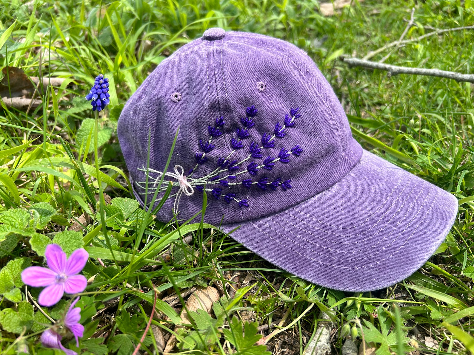 Purple Hand Embroidered Baseball Hat, Lavender Embroidered Denim Cap ...