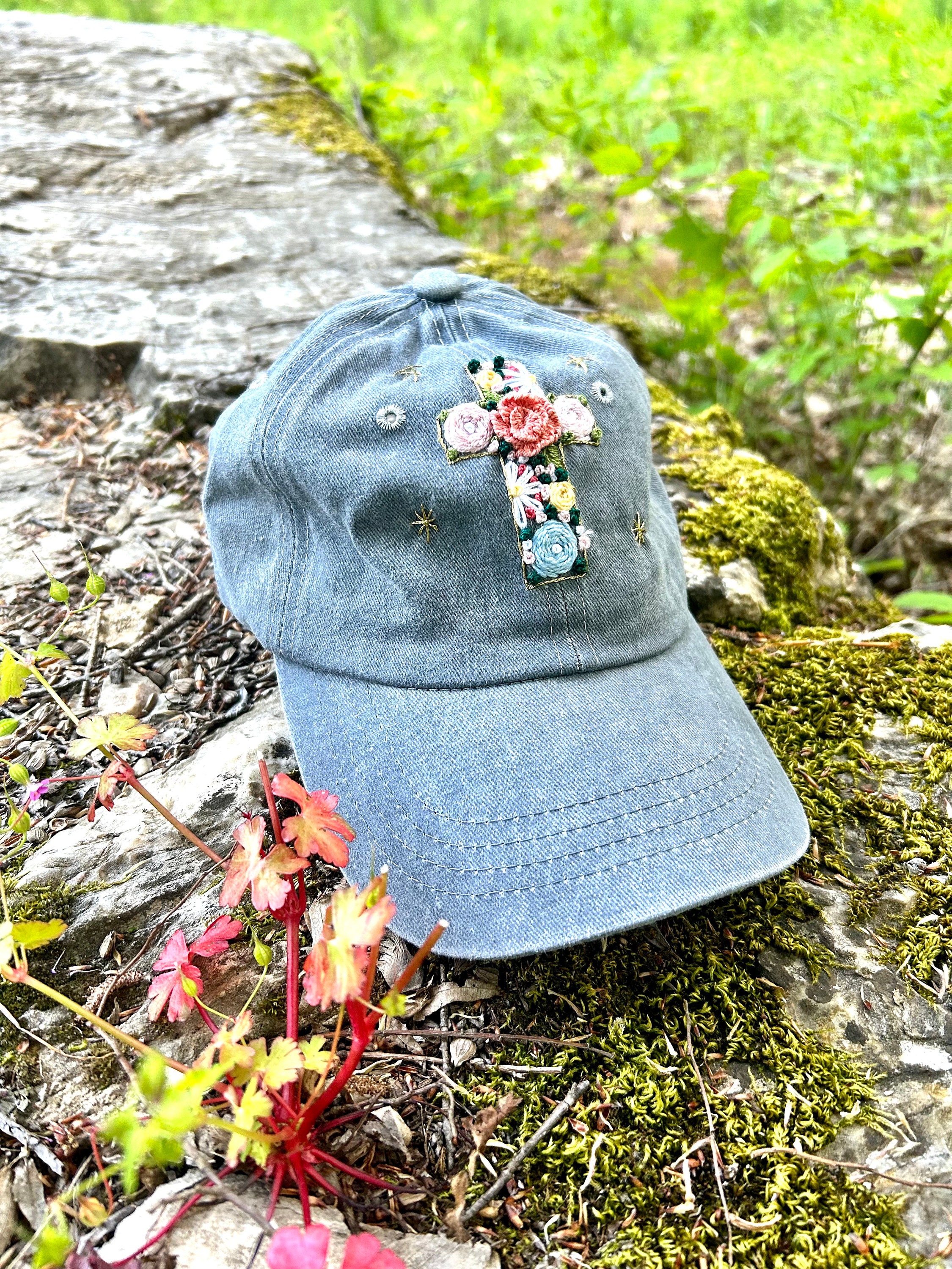 Hand Embroidered Baseball Cap Cross Pattern Hat Cross Floral - Etsy