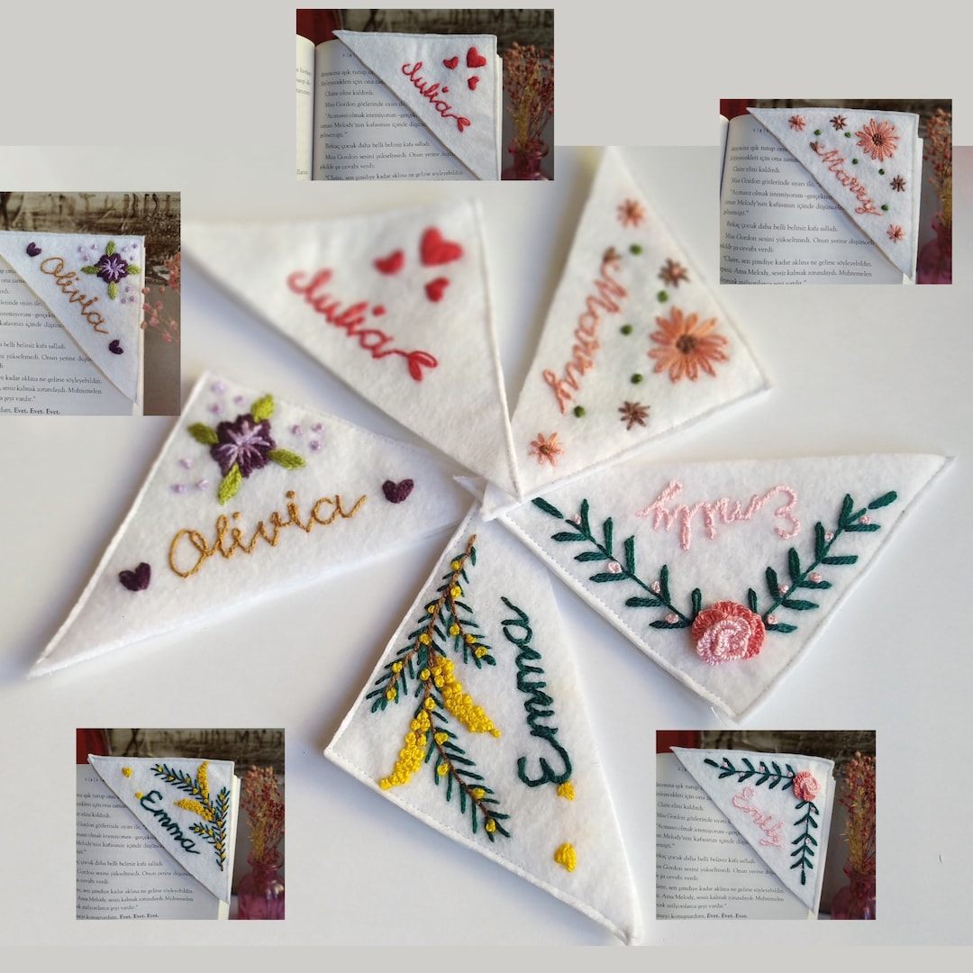 Bookmarks, Personalized Hand Embroidered Corner Bookmark, Felt Triangle ...