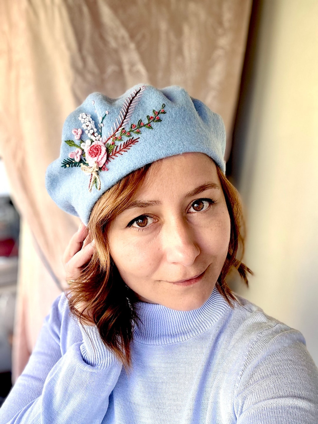 Pink French Beret, Baby Blue Hand Embroidered 100% Wool Beret, French ...