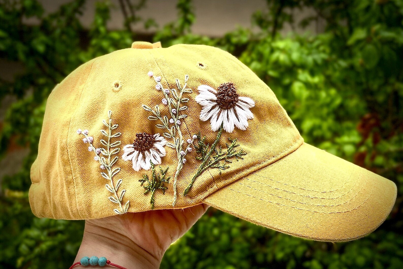 Yellow Baseball Hat Hand Embroidered Hat Daisy Embroidered Etsy