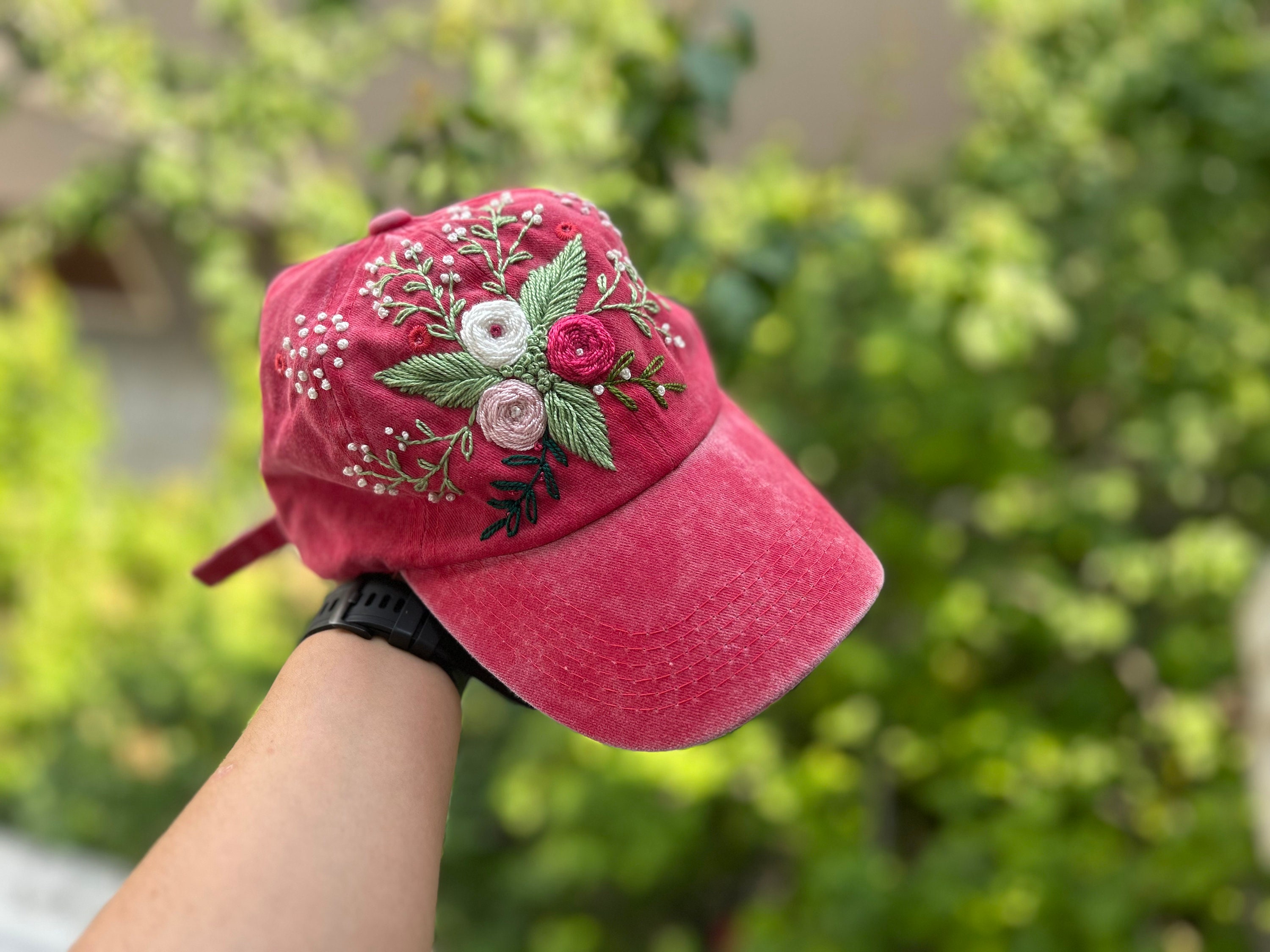 Light Green Baseball Cap Summer Hat Floral Embroidered Denim - Etsy