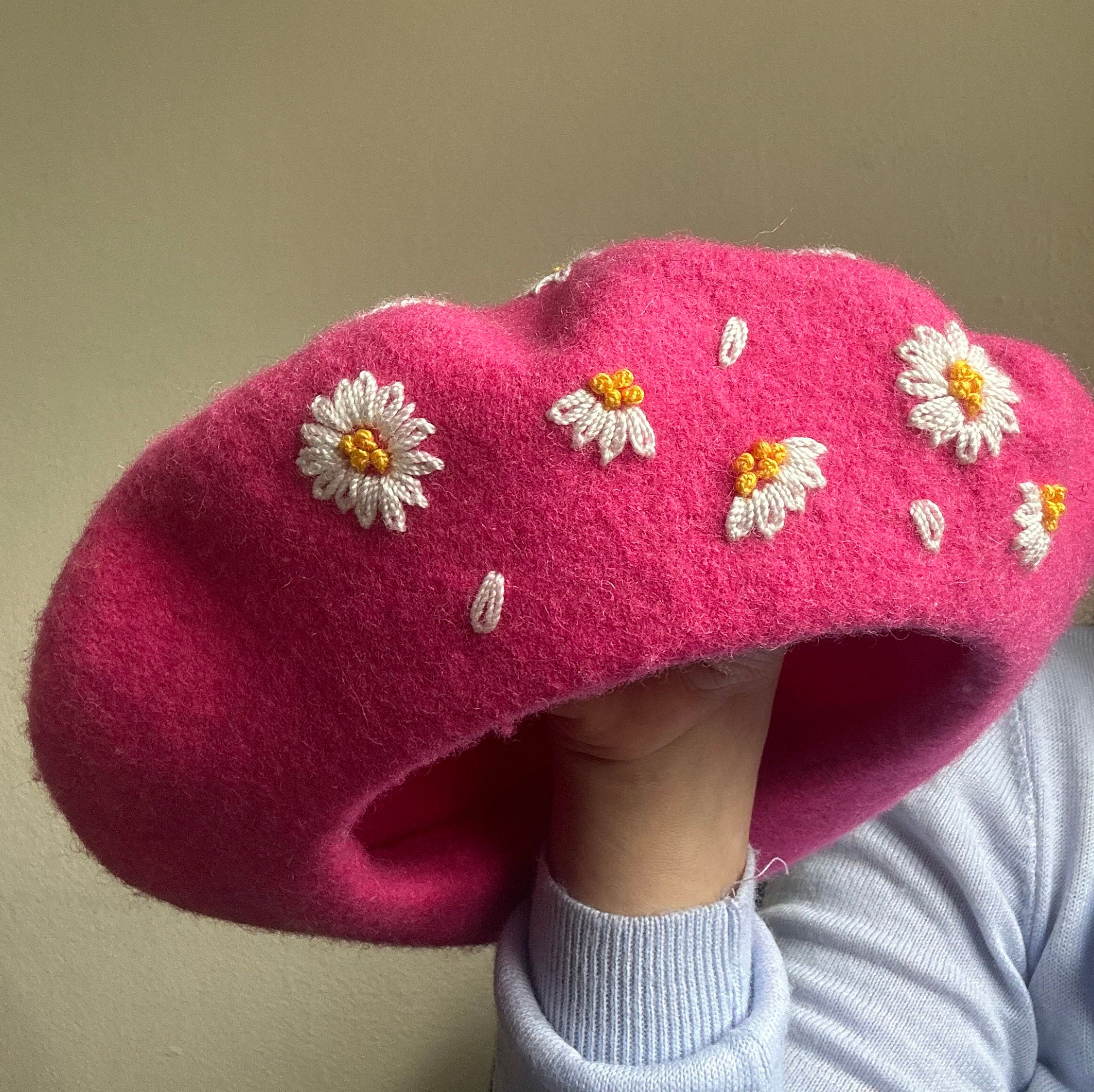 Fuchsia Pink French Beret, Hand Embroidered 100% Wool Beret, French Hat ...