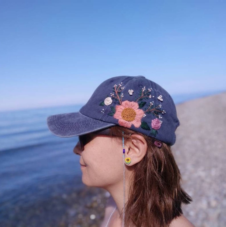 Hand Embroidered Baseball Cap Floral Embroidered Denim Cap - Etsy