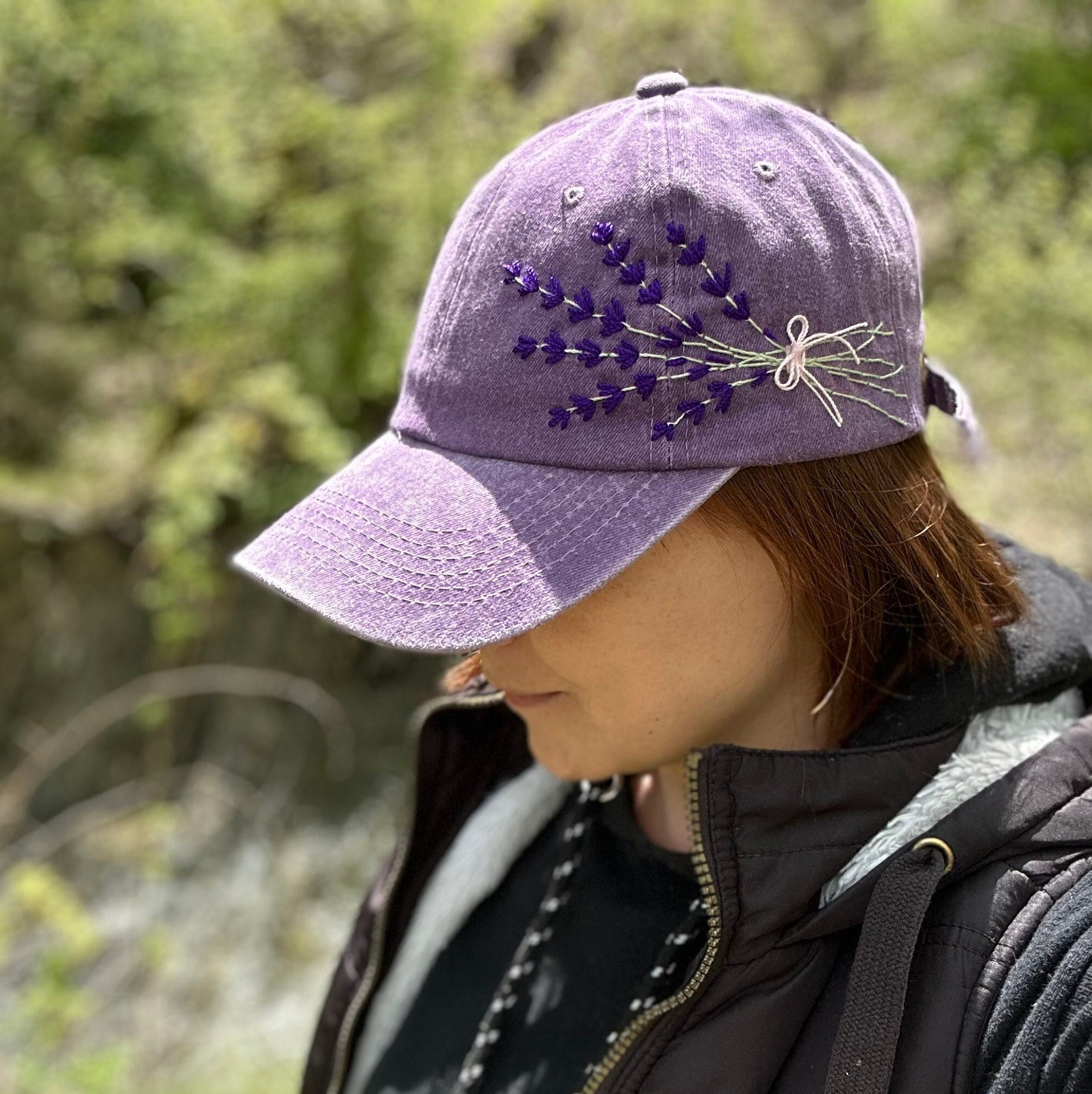 Purple Hand Embroidered Baseball Hat, Lavender Embroidered Denim Cap ...