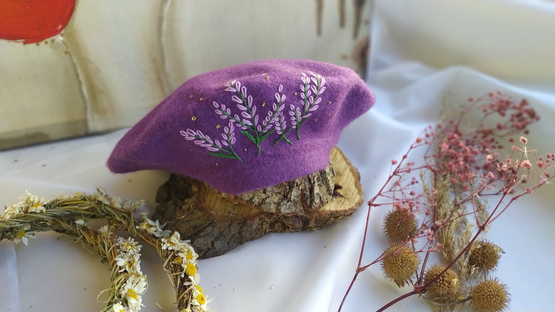 Purple Wool French Beret Hand Embroidered 100% Wool Beret - Etsy