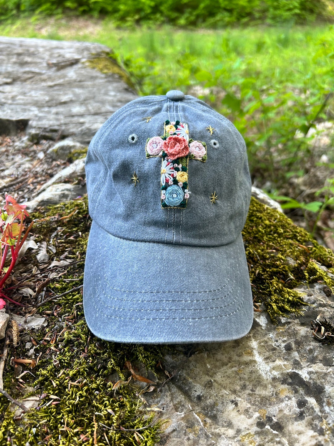 Hand Embroidered Baseball Cap, Cross Pattern Hat, Cross Floral ...