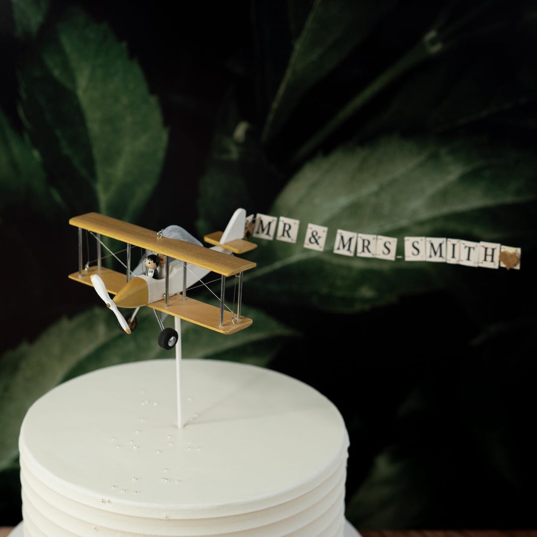 Gold Airplane Wedding Pilot Cake Topper With Custom Banner, Mr. & Mrs ...