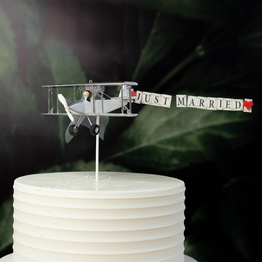 Silver Airplane Wedding Cake Topper With Custom Banner. Marriage Cute ...