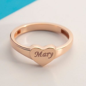 10K 14K 18K Gold Engraved Heart Ring, Personalized Heart Ring ...