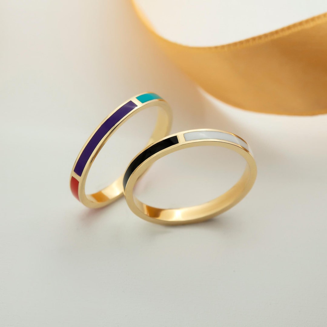 10K 14K 18K Gold Personalized Multicolor Enamel Ring, Enamel Ring ...
