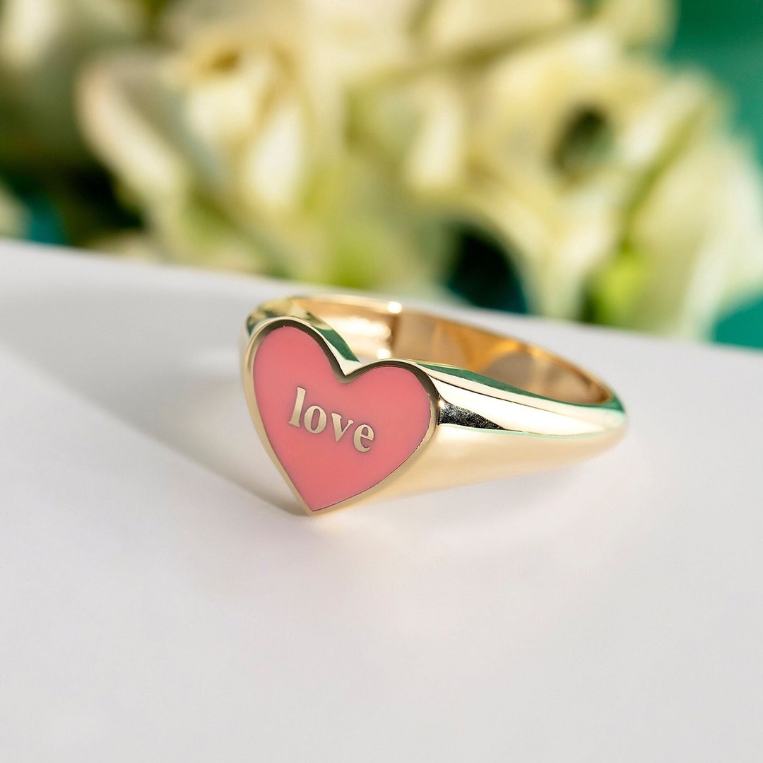 Gold Engraved Enamel Love Ring, Gold Personalized Heart Shape Love Ring ...