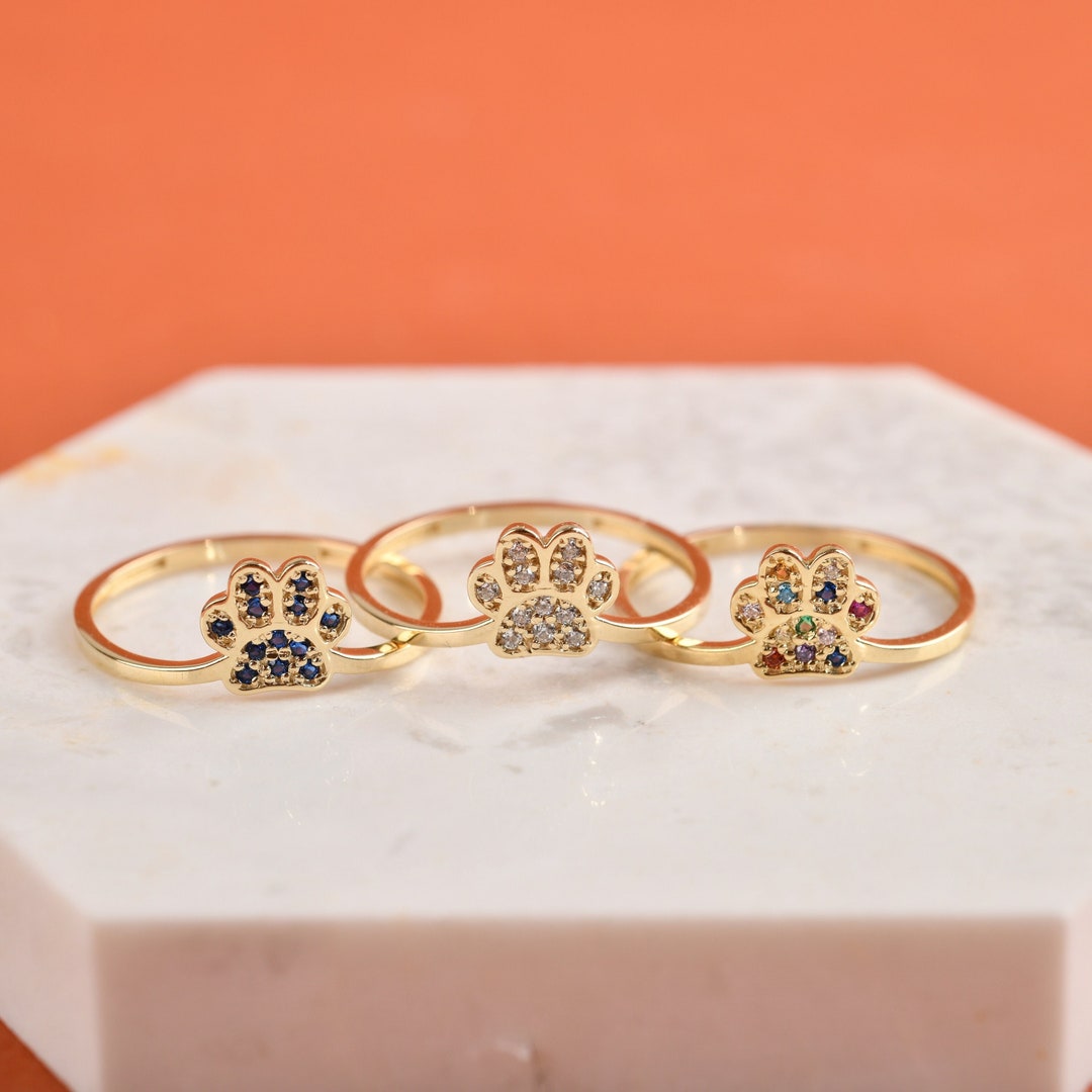 10K,14K,18K Gold Birthstone Dog Cat Paw Ring, Birthstone Paw Ring, Gold ...