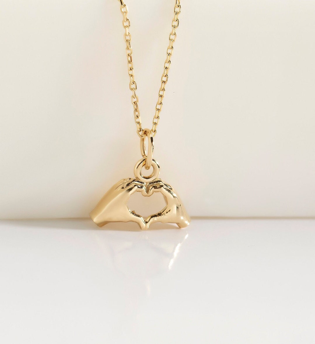 10K 14K 18K Gold Hand Gesture Heart Pendant, Hand Gesture Pendant ...