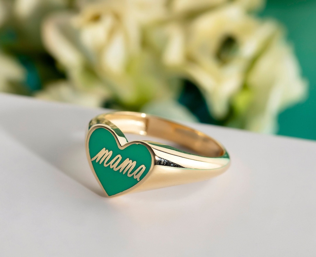 10K,14K,18K Gold Heart Mom Ring, Personalized Gold Mom Ring, Gold Mama ...