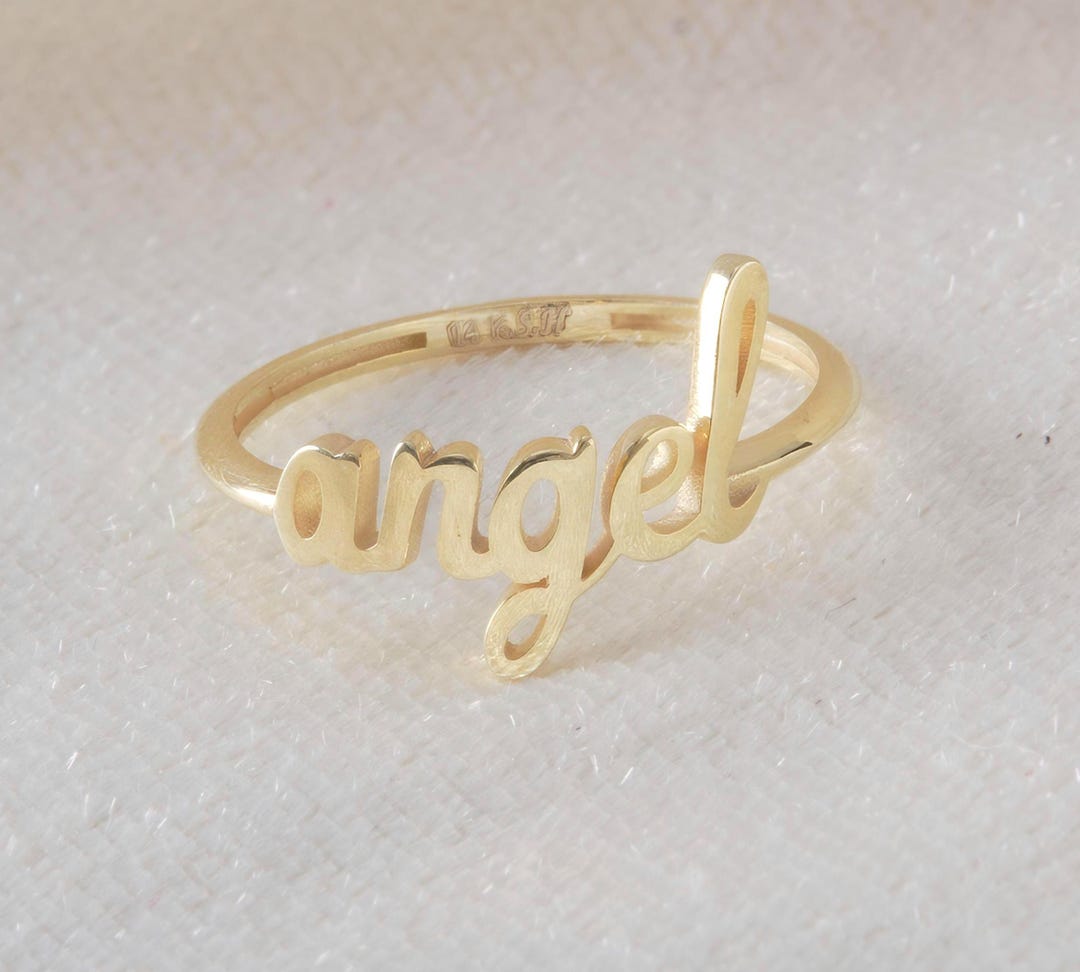 10K 14K 18K Gold Angel Ring, Angel Written Ring, Custom Word Ring ...