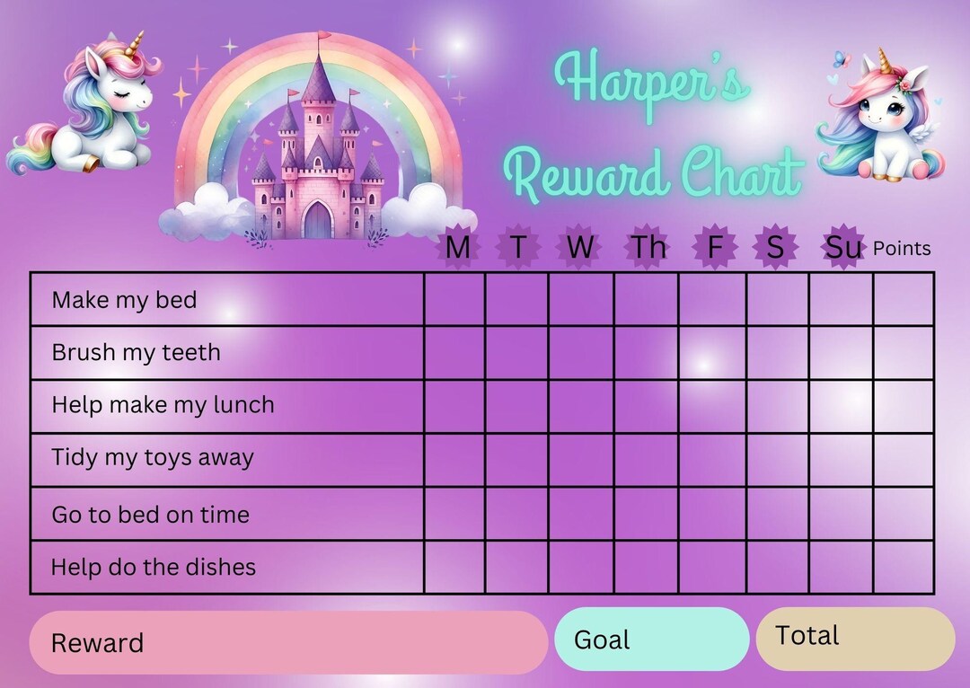 Reward Chart, Unicorn, Rainbow, Castle, Children’s Positive ...