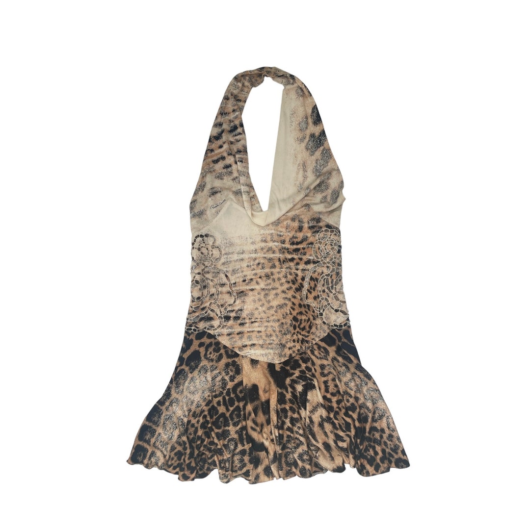 Roberto Cavalli Halter Neck Leopard Print Micro Mini Dress From the S/S ...