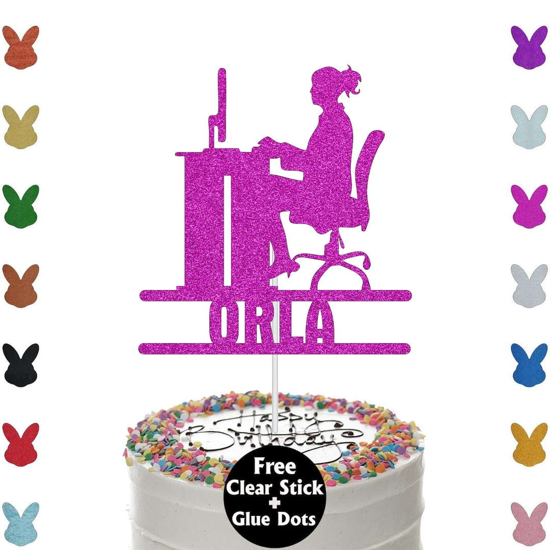 Personalised Working Woman Computer Cake Topper, Glitter Office Name ...