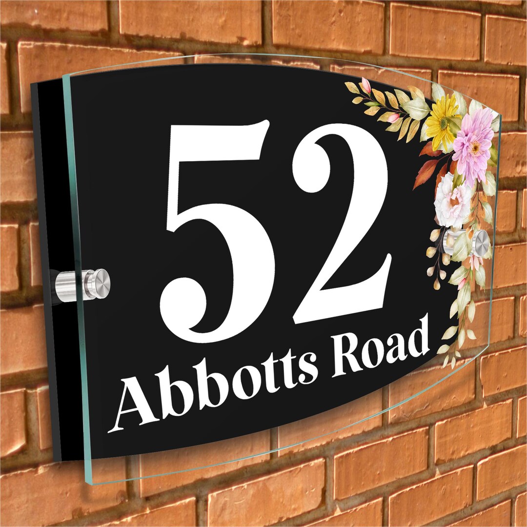 Custom Floral House Number Sign - Personalised Address Plaque 200x130mm ...