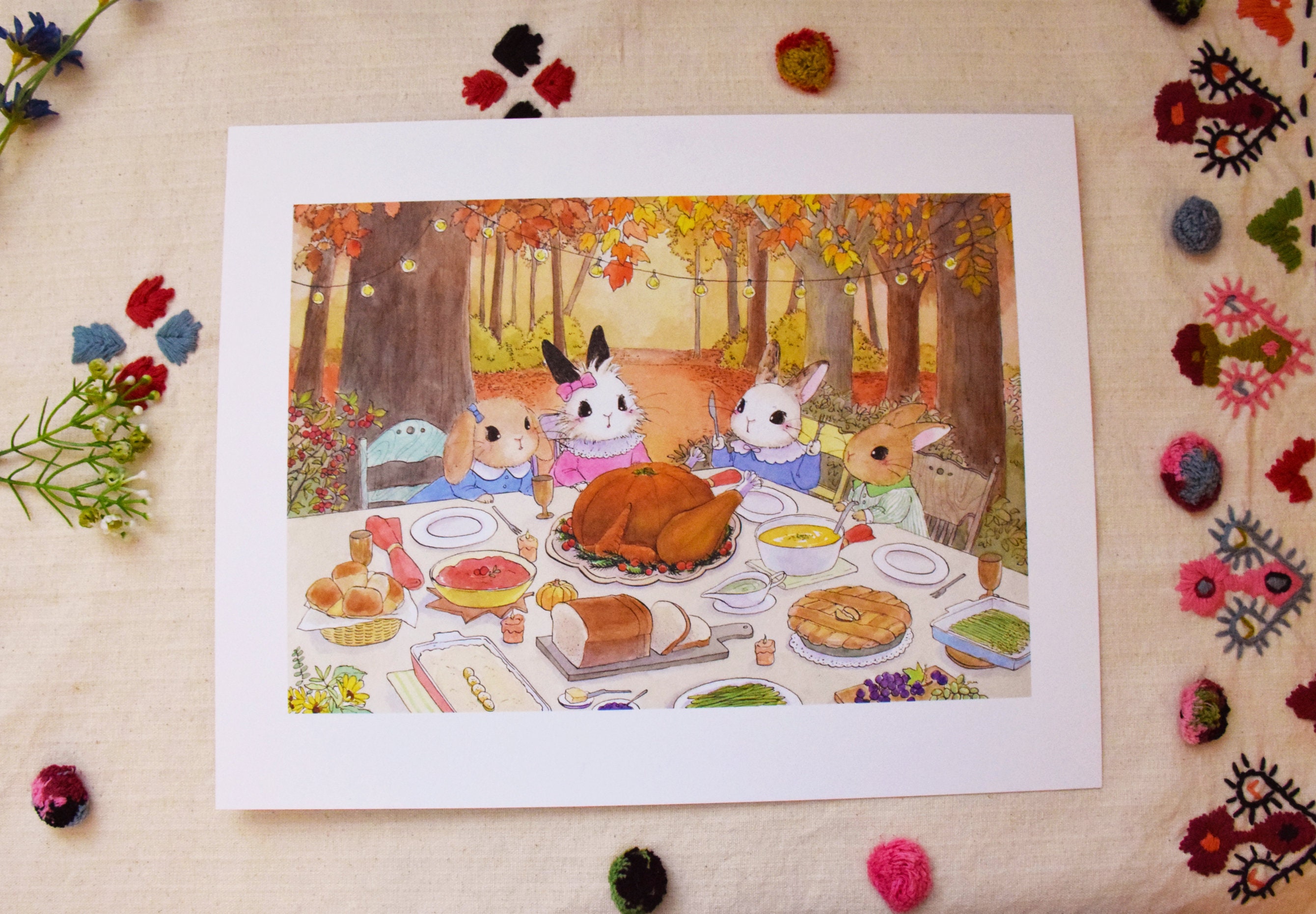 Thanksgiving Dinner Bunnies Art Print / Watercolor Illustration / 11" X ...
