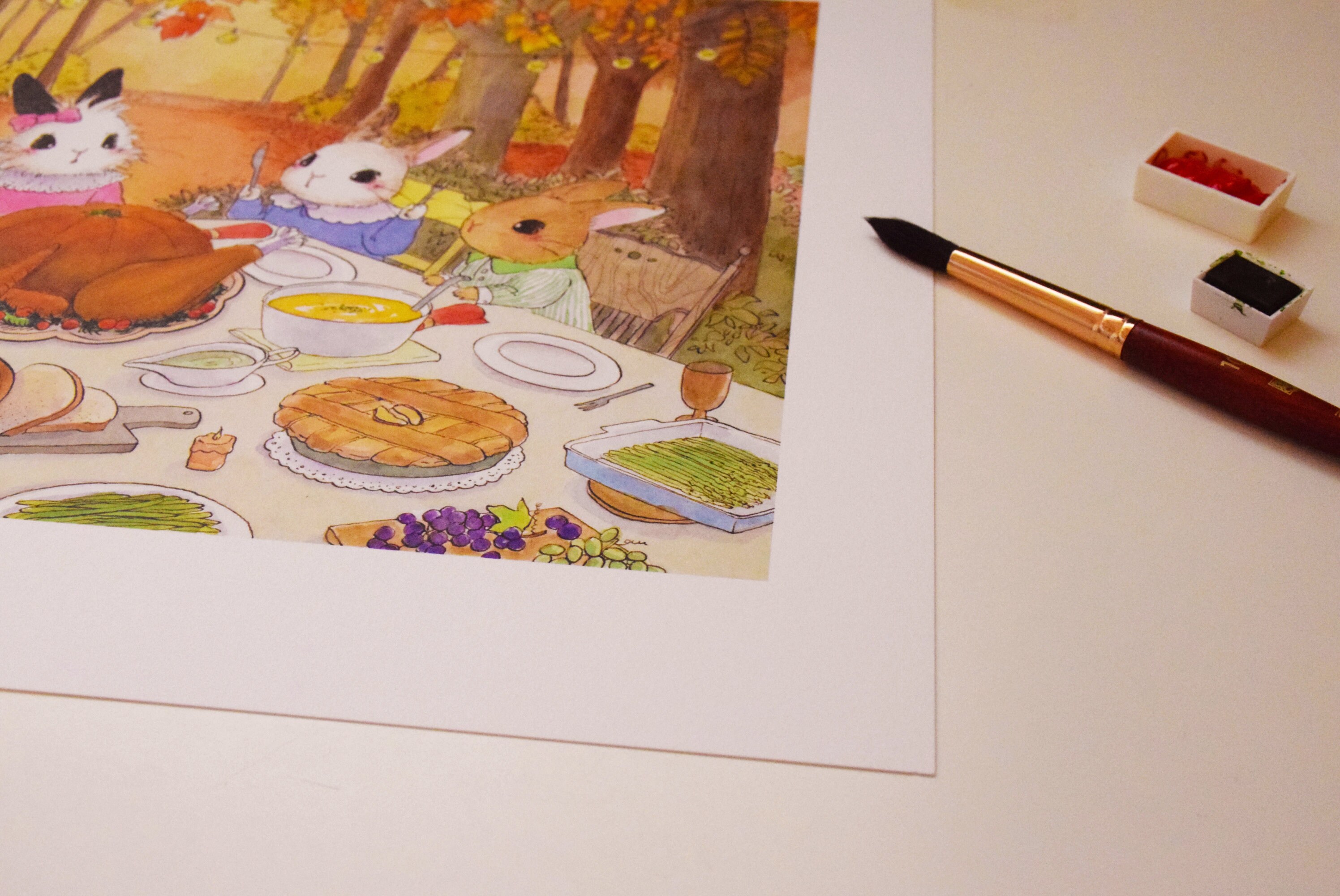 Thanksgiving Dinner Bunnies Art Print / Watercolor Illustration / 11" X ...