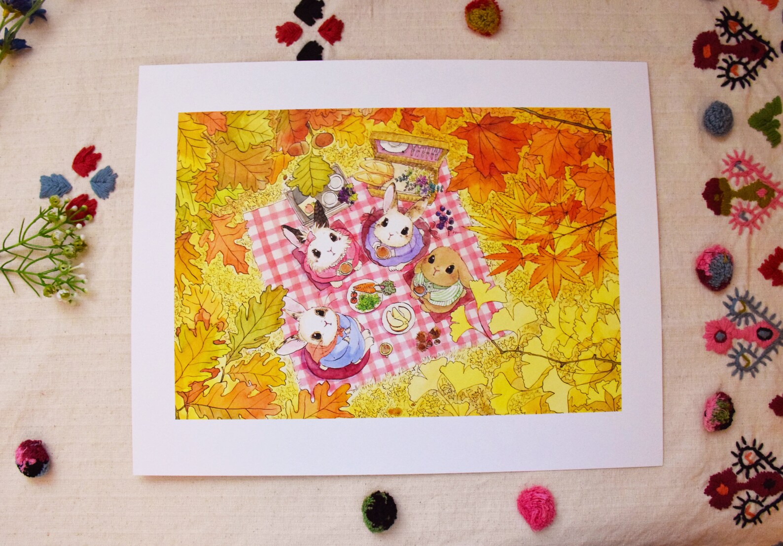 Fall Bunnies Picnic Art Print, Watercolor Illustration (11" X 14") - Etsy