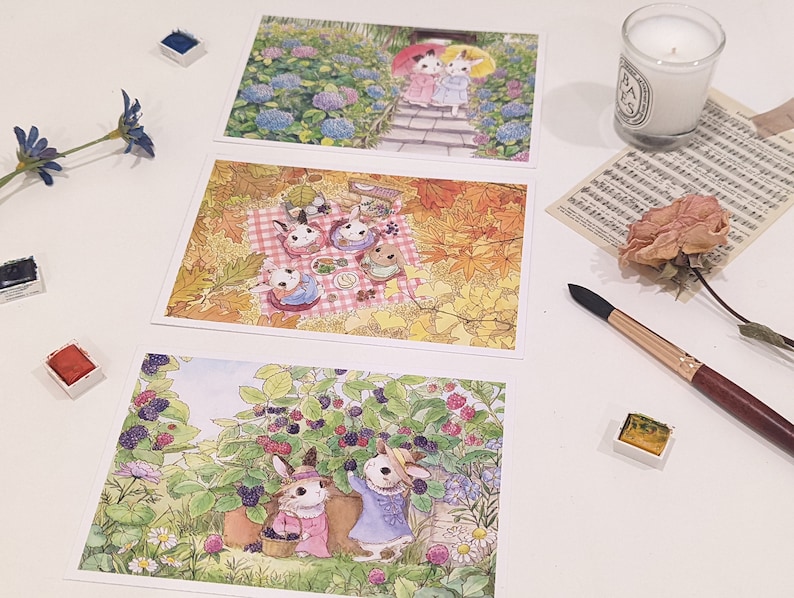 Set of 3 Bunnies Postcards / Berry Picking + Hydrangea Garden + Fall ...