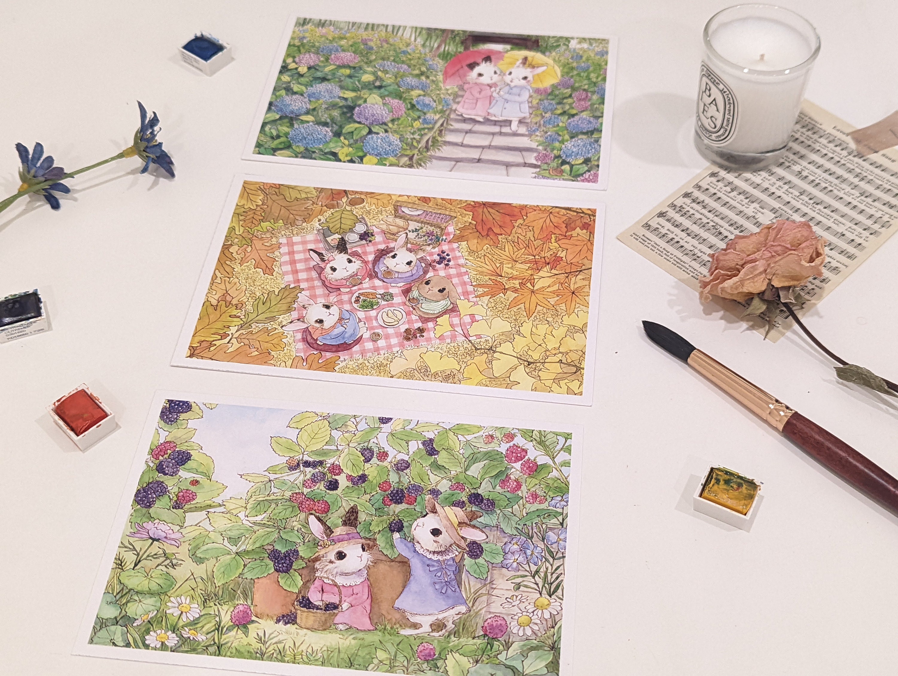 Set of 3 Bunnies Postcards / Berry Picking + Hydrangea Garden + Fall ...