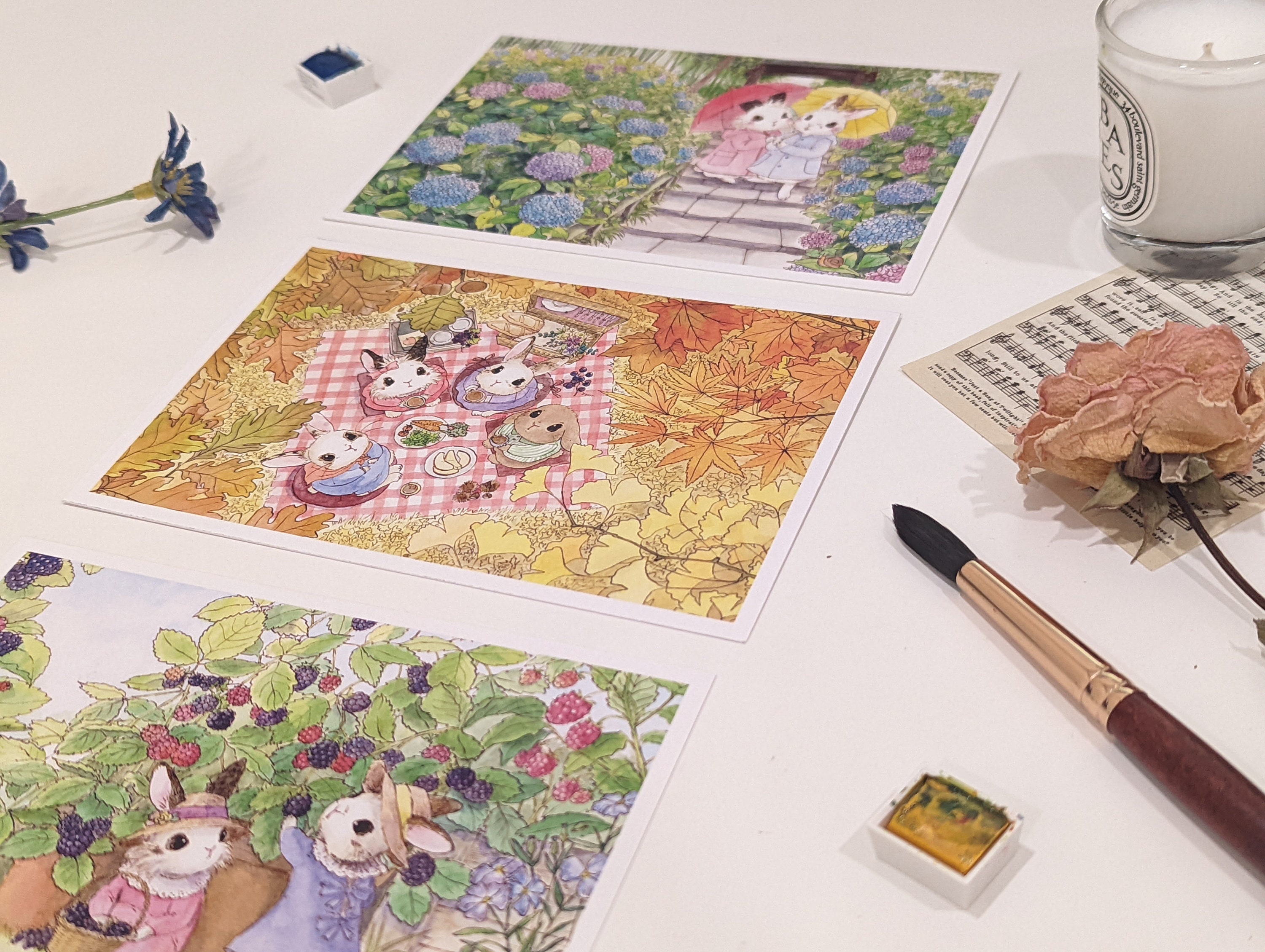 Set of 3 Bunnies Postcards / Berry Picking + Hydrangea Garden + Fall ...
