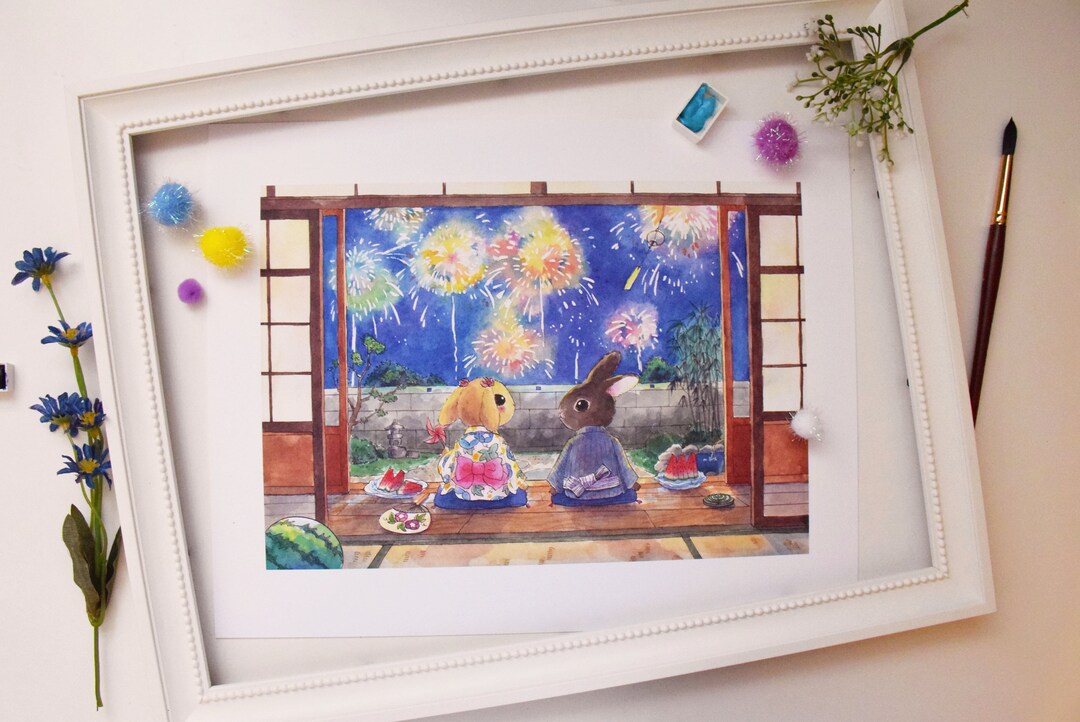 Bunnies Watching Fireworks Art Print, Japanese Yukata, Summer Night (11 ...