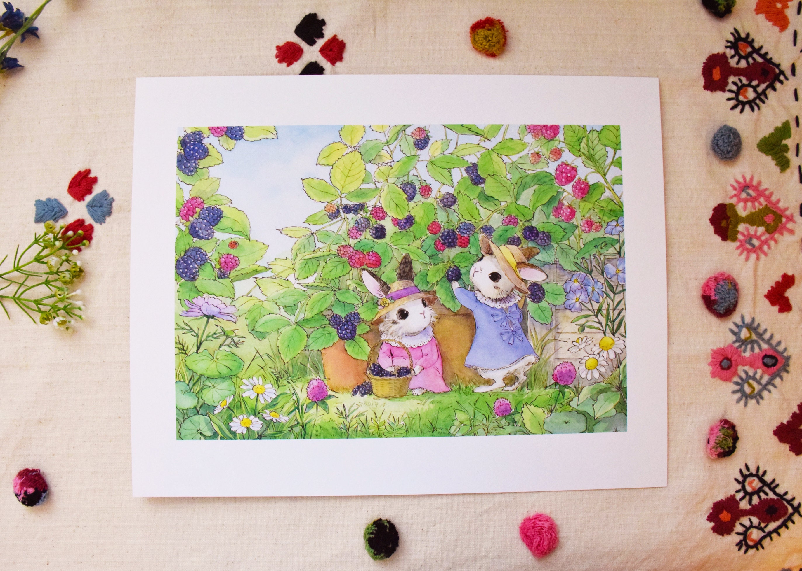 Berry Picking Bunnies Art Print, Watercolor Illustration (11x14) - Etsy