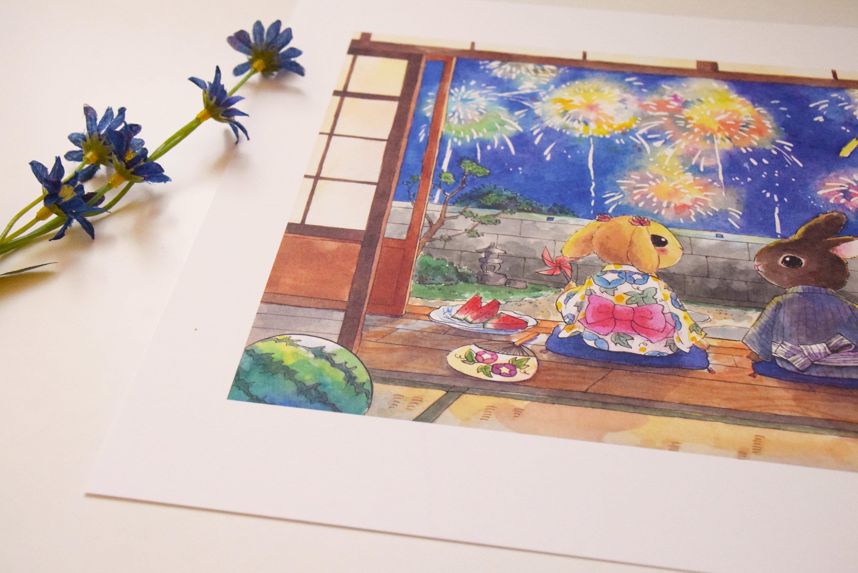 Bunnies Watching Fireworks Art Print, Japanese Yukata, Summer Night (11 ...