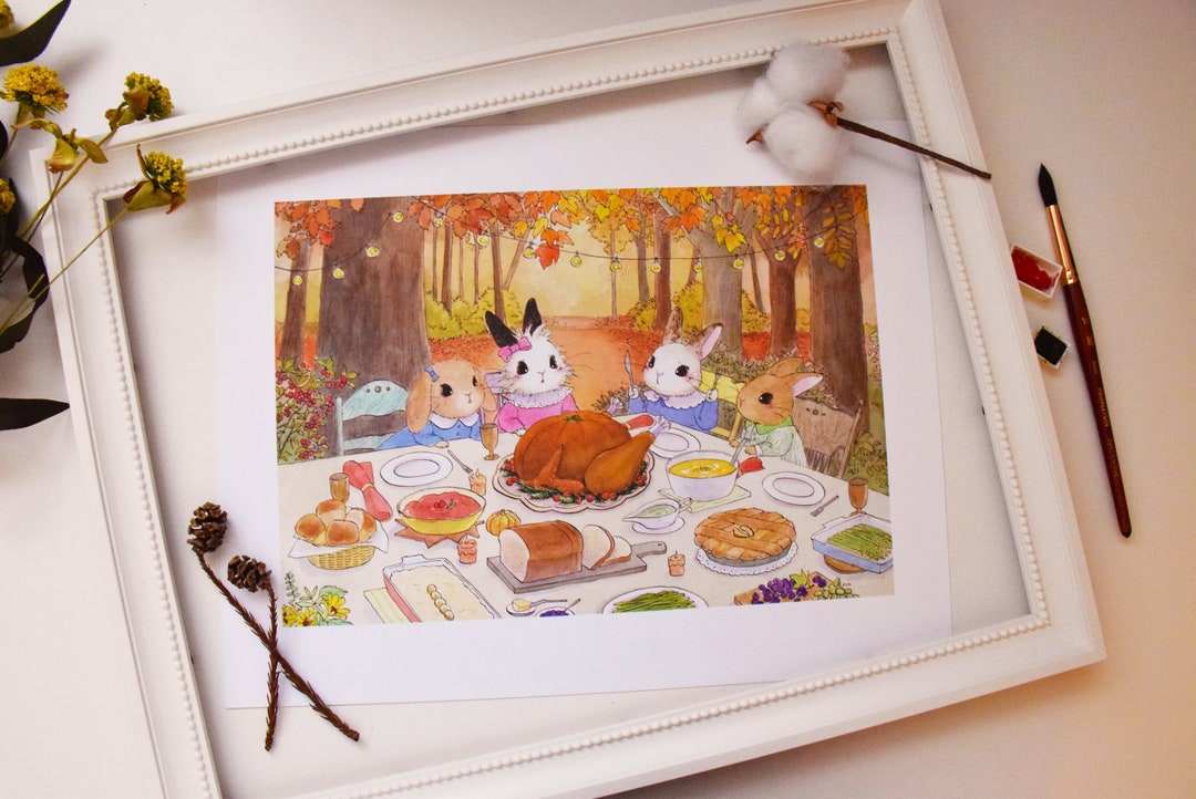 Thanksgiving Dinner Bunnies Art Print / Watercolor Illustration / 11" X ...