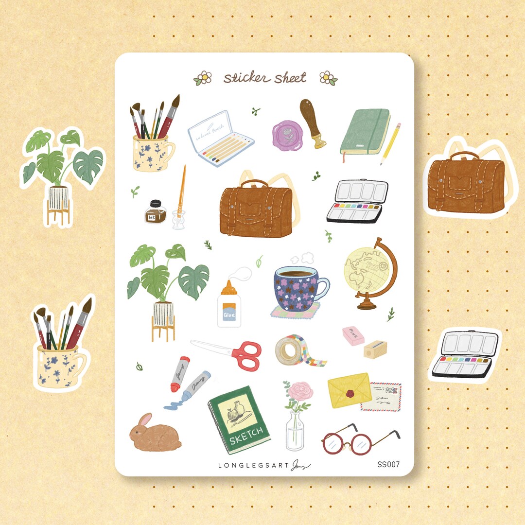 Stationery and Art Sticker Sheet | Journal Stickers | Cute Planner ...