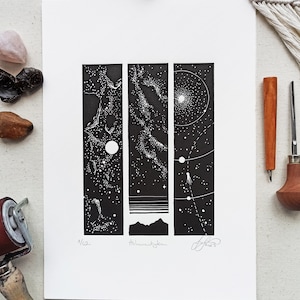 Unique Linocut Astronautics Print, Composition of Three Cosmic Lino ...
