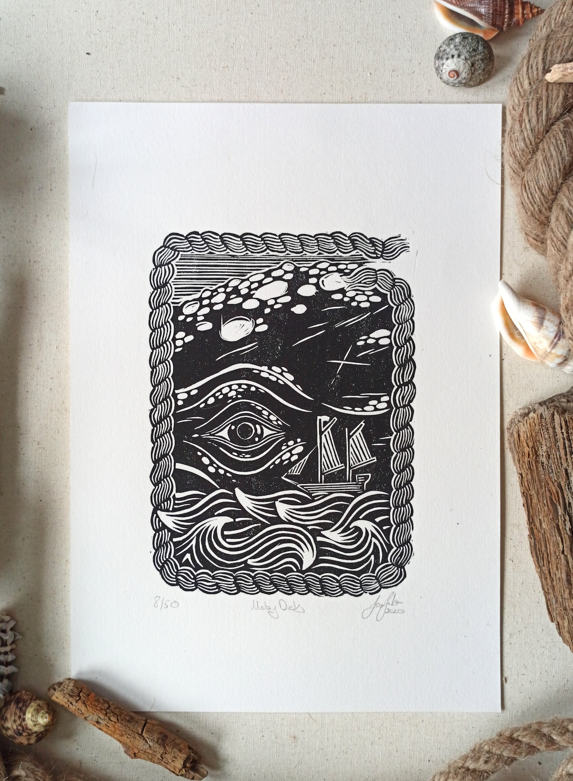 Original Linocut MOBY DICK Whale Art Nautical Theme Gift for - Etsy