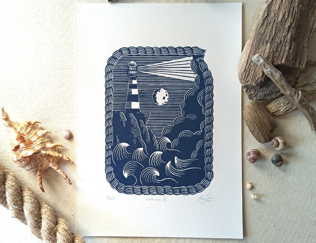 Linocut Artwork Linocut, Handmade Nautical Lino Print Gift for Sea ...