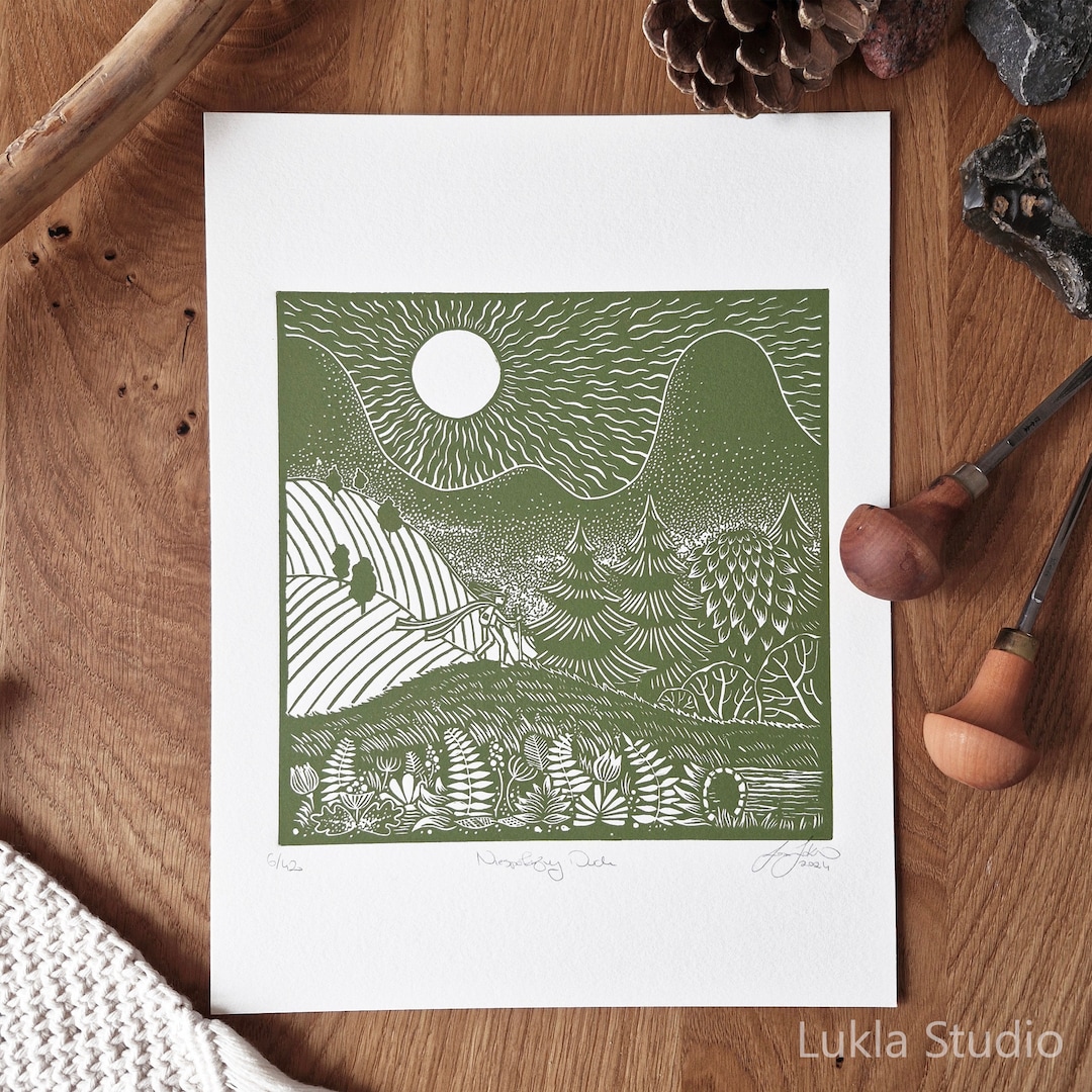 Botanical Olive Linocut Print: Forest Landscape Art - Etsy
