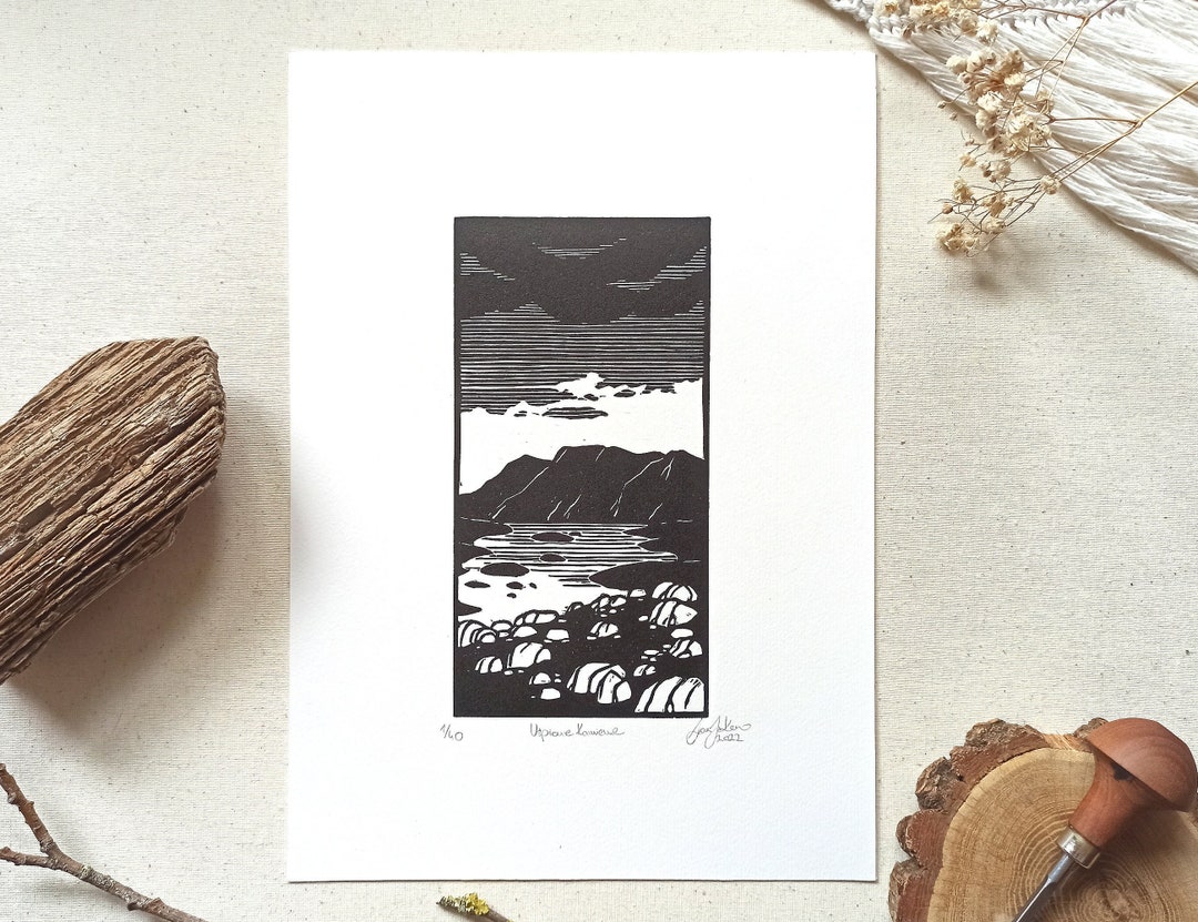 Original Linocut Print, Unique Mountains Handmade Art, Landscape Print ...