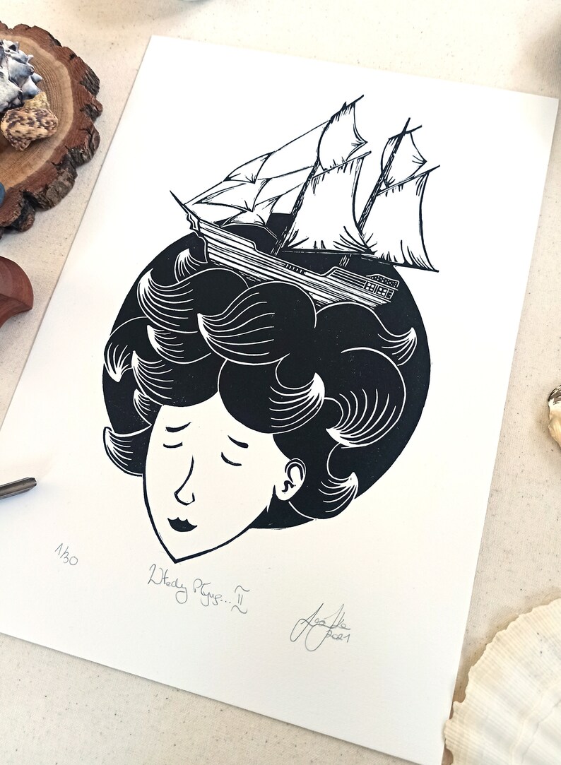 Unique Linocut Artwork Woman Nautical Portrait Hand Printed - Etsy