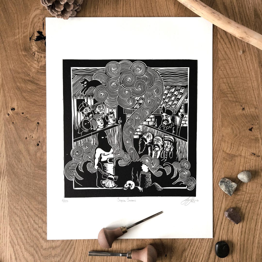 Traditional Slavic Handmade Linocut, Polish Legend Lino Print, Folklore ...