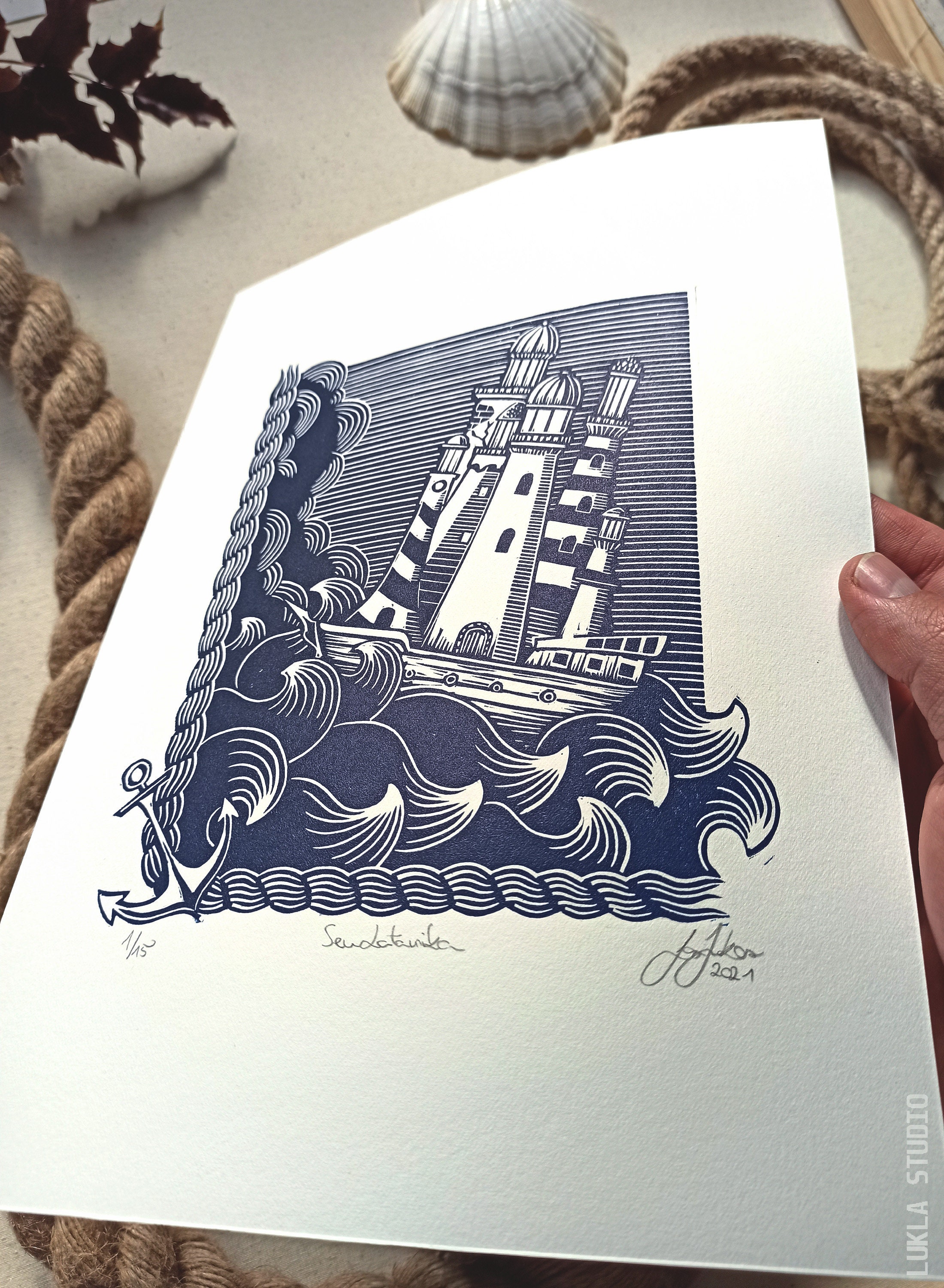 Prussian Blue Lighthouse Linocut Print: Surreal Ocean Art - Etsy