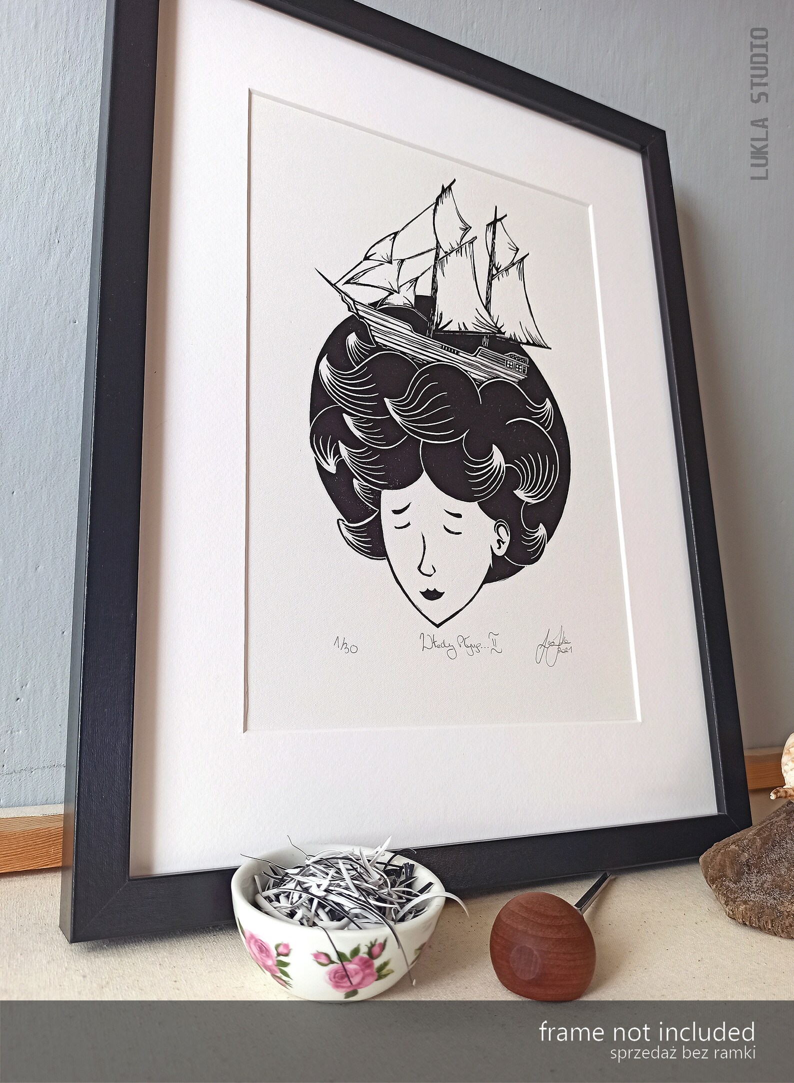 Unique Linocut Artwork Woman Nautical Portrait Hand Printed - Etsy