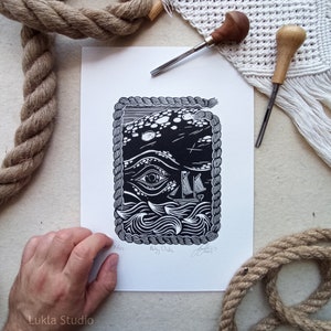 Original Linocut MOBY DICK, Whale Art, Nautical Sea Creature, Coastal ...