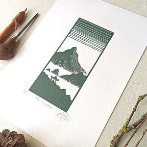 Original Linocut Mountain Artwork, Unique Carved Print, Hand Prined ...