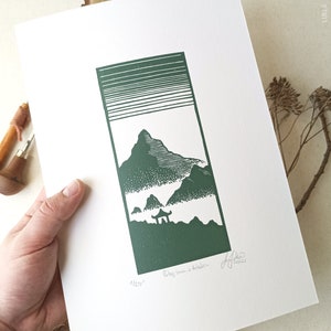 Original Linocut Mountain Artwork, Unique Carved Print, Hand Prined ...
