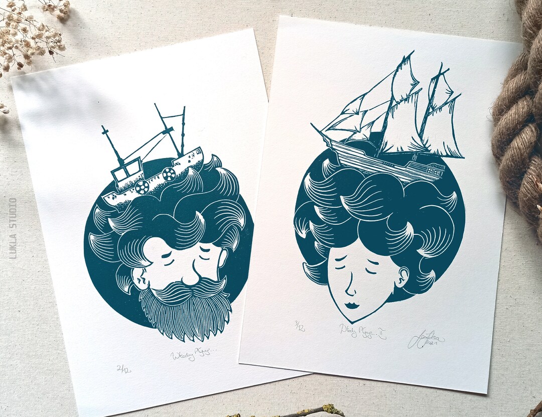 Original Portrait Linocut Set of 2 Prints, Nautical Linocut Print ...